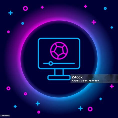 빛나는 네온 라인 축구 축구 경기 텔레비젼 아이콘은 검은 배경에 고립되어 있습니다 축구 온라인 개념입니다 다채로운 윤곽선 개념 벡터 Championship에 대한 스톡 벡터