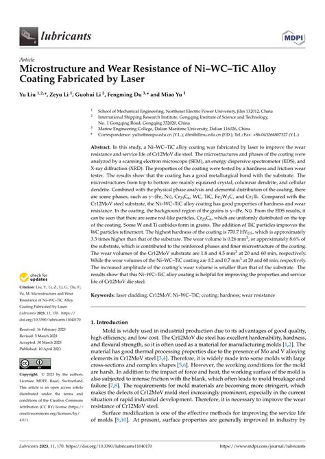Pdf Microstructure And Wear Resistance Of Ni Wc Tic Alloy Coating