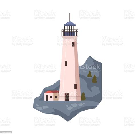 Beacon And Lighthouse With Searchlight Helping Ships To Navigate