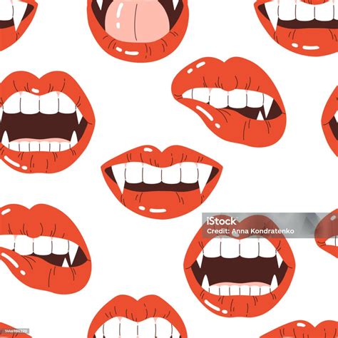 송곳니가 있는 뱀파이어의 입술이 있는 매끄러운 패턴 밝은 붉은 입술과 길고 날카로운 이빨을 가진 여자의 입 뱀파이어 미학 만화 스타일의 벡터 그림입니다 격리된 흰색 배경
