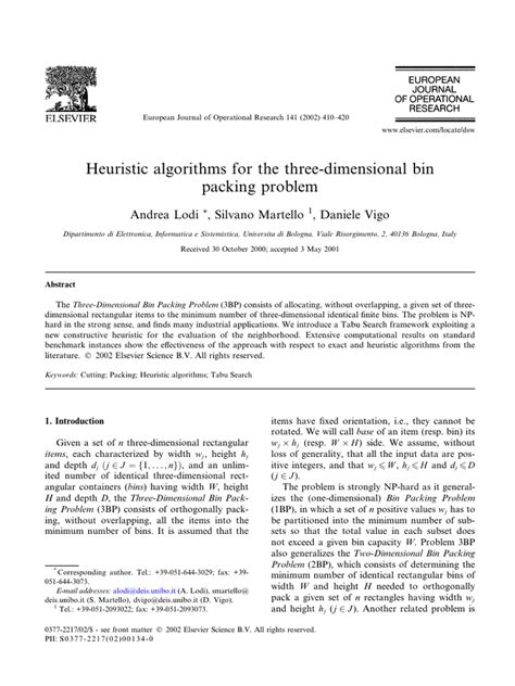 2002 Heuristic Algorithms For The Three Dimensional Bpp Pdf Systems Analysis Algorithms