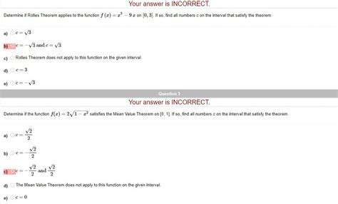 Solved Your Answer Is Incorrect Determine If Rolles Theorem