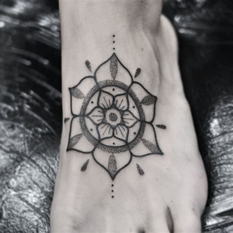Black And Grey Dotwork And Linework Geometric Flower Mandala Tattoo By
