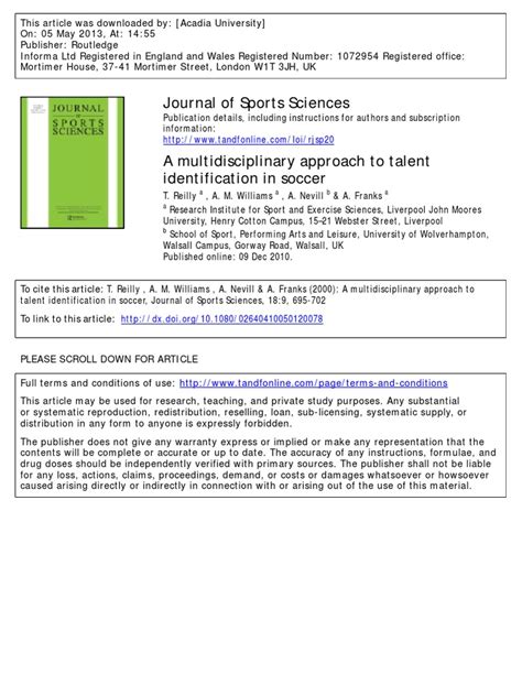 A Multidisciplinary Approach To Talent Identification In Soccer Pdf Analysis Of Variance