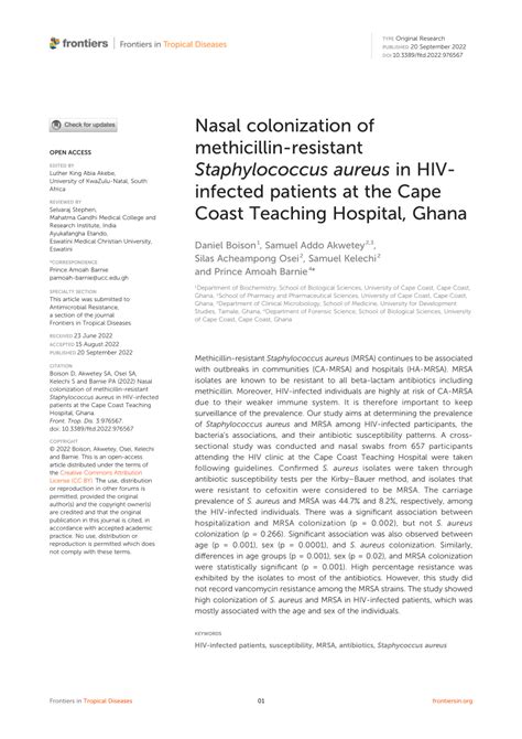 Pdf Nasal Colonization Of Methicillin Resistant Staphylococcus Aureus