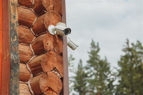 Security Camera Installed On The Corner Of Log Wooden House Stock Image Image Of Wooden