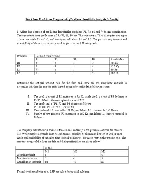 worksheet ii lpp sa pdf linear programming applied mathematics