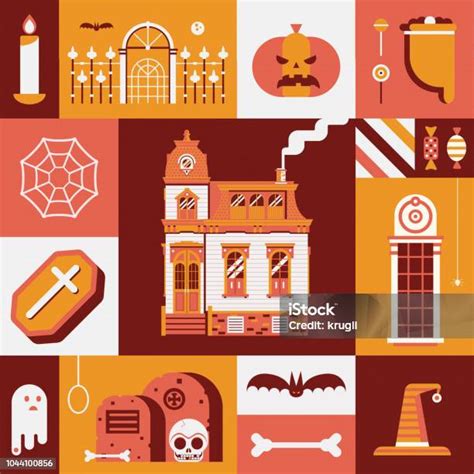 오래 된 유령의 집 함께 빈티지 할로윈 카드 핼 가방 무서운 유령 및 다른 전통적인 짜증 기호 할로윈 밤 포스터 또는 서 표지 서식 파일입니다 할로윈에 대한 스톡 벡터 아트