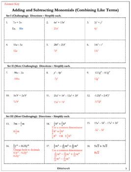 FREE Add And Subtract Monomials Combine Like Terms Algebra Worksheet Guide