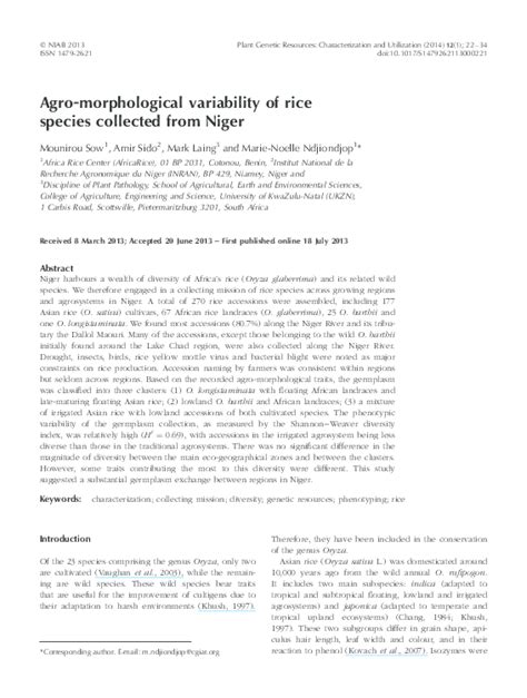 Pdf Agro Morphological Variability Of Rice Species Collected From Niger