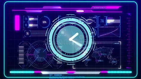 animation of futuristic digital interface with clock graphs and world