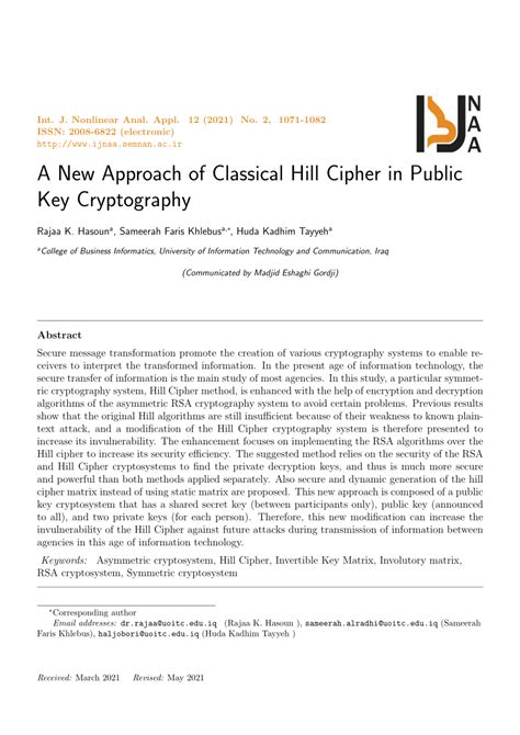 Pdf A New Approach Of Classical Hill Cipher In Public Key Cryptography