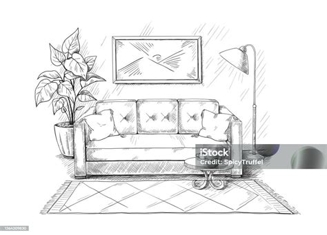 객실 내부 스케치 소파와 램프아파트 인테리어 하우스 가구 쿠션과 홈 공장손으로 그린 소파 벽에 그림 아늑한 카펫과 테이블 벡터 일러스트레이션 가구에 대한 스톡 벡터 아트 및