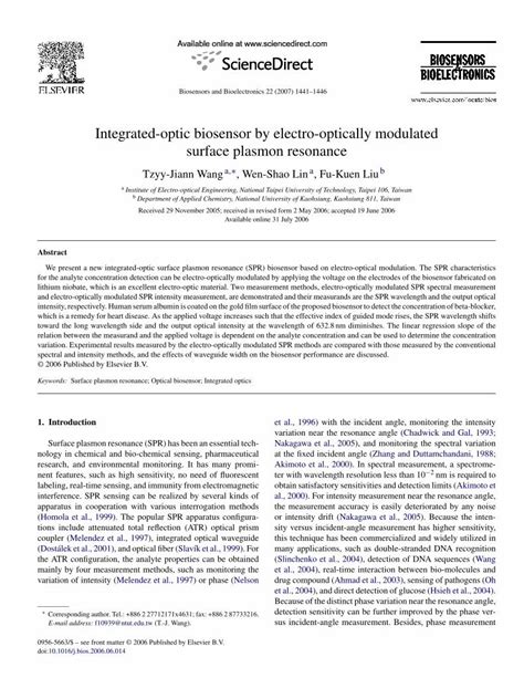 Pdf Integrated Optic Biosensor By Electro Optically Modulated Surface Plasmon Resonance