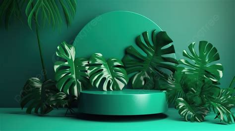 열대 잎이 있는 열대 숲 녹색 둥근 의자 열대 몬스테라 잎이 있는 추상 받침대 연단 디스플레이의 3d 렌더링 광고를 위한 제품 및 판촉 개념 녹색 자연 배경 배경