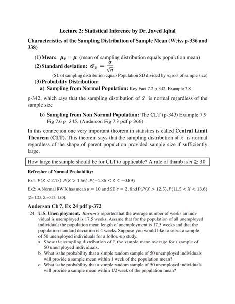 Lecture 2 Lecture 2 Statistical Inference By Dr Javed Iqbal Characteristics Of The Sampling