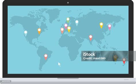 통신 물류 및 인포 그래픽 디자인에 대한지도 포인터와 벡터 노트북과 파란색 세계지도 0명에 대한 스톡 벡터 아트 및 기타 이미지 0명 광대한 노트북 Istock