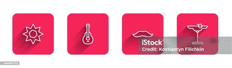 세트 라인 Sun 멕시코 기타 콧수염 및 긴 그림자가있는 마가리타 칵테일 빨간색 사각형 버튼입니다 벡터 0명에 대한 스톡 벡터 아트 및 기타 이미지 Istock