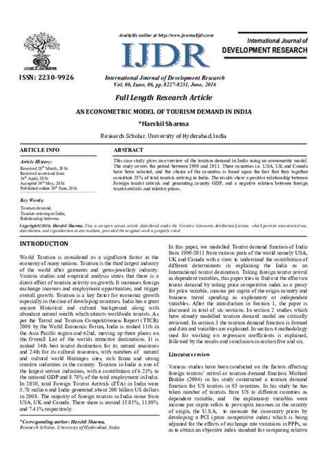 Pdf An Econometric Model Of Tourism Demand In India