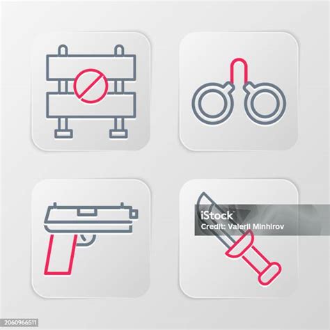 세트 라인 군사 칼 권총 또는 총 수갑 및 도로 장벽 아이콘 벡터 강철에 대한 스톡 벡터 아트 및 기타 이미지 강철 경찰관 교도소 Istock