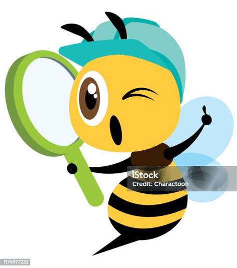 만화 귀여운 꿀벌 블루 안전 모자를 착용하고 돋보기를 들고 귀여운 마스코트 열심히 꿀벌입니다 플랫 디자인 벡터 가리키기에 대한