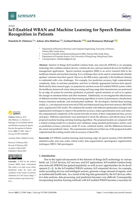 Pdf Iot Enabled Wban And Machine Learning For Speech Emotion