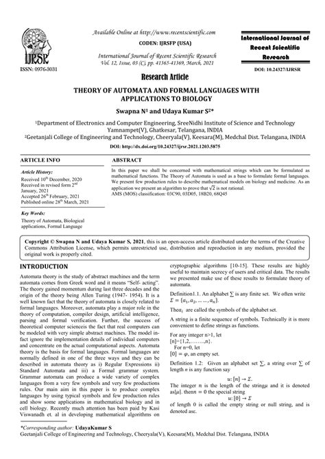 Pdf Theory Of Automata And Formal Languages With Applications To Biology
