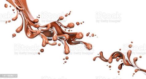 핫 다크 초콜릿 동적 튀기 액체 스플래쉬 소스 또는 시럽 크림 또는 코코아 음료 흐름 및 부어 흰색 배경에 고립 된 음식