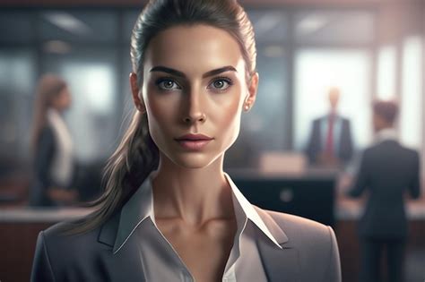 premium ai image a woman in a suit stands in front of a desk with a