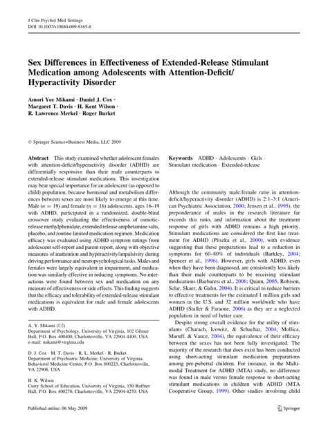 PDF Sex Differences In Effectiveness Of Extended Release Stimulant Medication Among