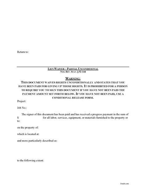 Chase County Partial Unconditional Lien Waiver Form Nebraska