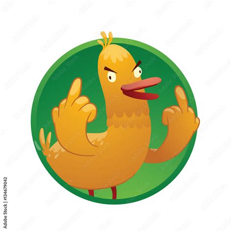 Vector Round Green Frame With Cartoon Image Of A Funny Yellow Duck With Red Beak And Paws