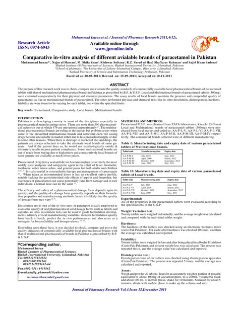 Pdf Comparative In Vitro Analysis Of Different Available Brands Of Paracetamol In Pakistan