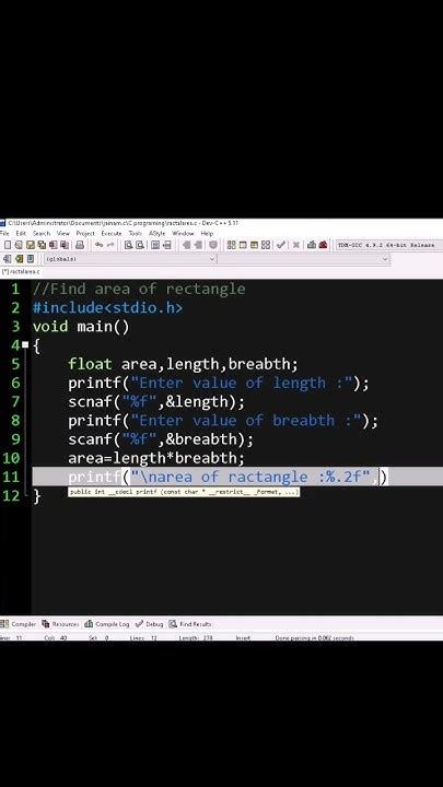 how to find area of rectangle in c programing language c programing