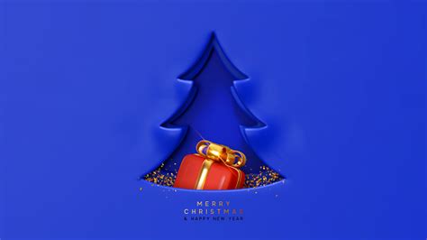 사실적인 3d 빨간 선물 상자와 금 활을 가진 파란 종이 배경에 크리스마스 트리 Cutout 축제와 새해 복 많이 받으세요 미니멀리스트 디자인 벡터 일러스트 레이 션