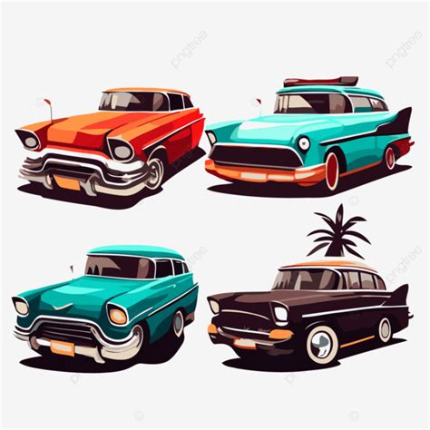 빈티지 자동차 벡터 스티커 클립 아트 네 개의 다른 복고풍 자동차 스타일 만화 설정 상표 클립 아트 Png 일러스트 및