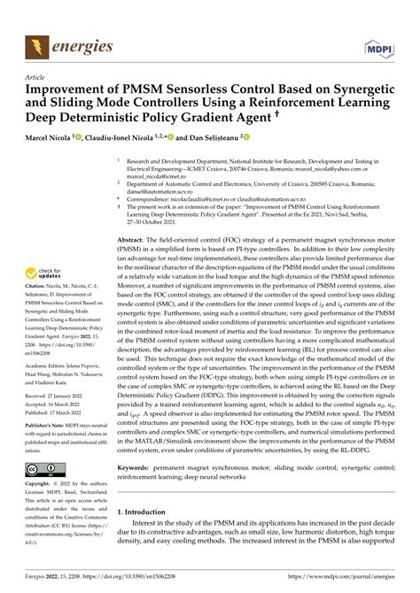 Pdf Improvement Of Pmsm Sensorless Control Based On Synergetic And Sliding Mode Controllers