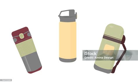 커피 병 세트 음료 물을 위한 컵의 평면 그림 차와 텀블러에 대 한 벡터 여행 머그잔 0명에 대한 스톡 벡터 아트 및 기타