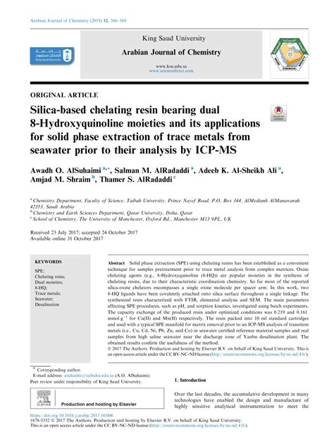 Pdf Silica Based Chelating Resin Bearing Dual 8 Hydroxyquinoline