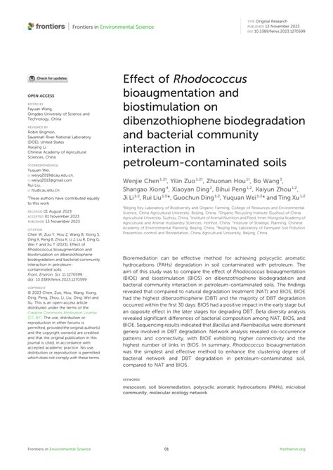 Pdf Effect Of Rhodococcus Bioaugmentation And Biostimulation On Dibenzothiophene