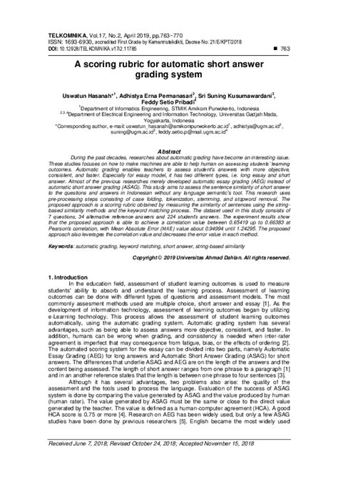 Pdf A Scoring Rubric For Automatic Short Answer Grading System