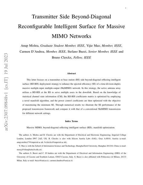 Pdf Transmitter Side Beyond Diagonal Reconfigurable Intelligent Surface For Massive Mimo Networks