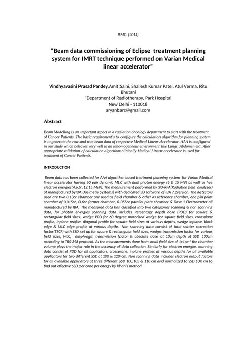 Pdf Beam Data Commissioning Of Eclipse Treatment Planning System For Imrt Technique Performed