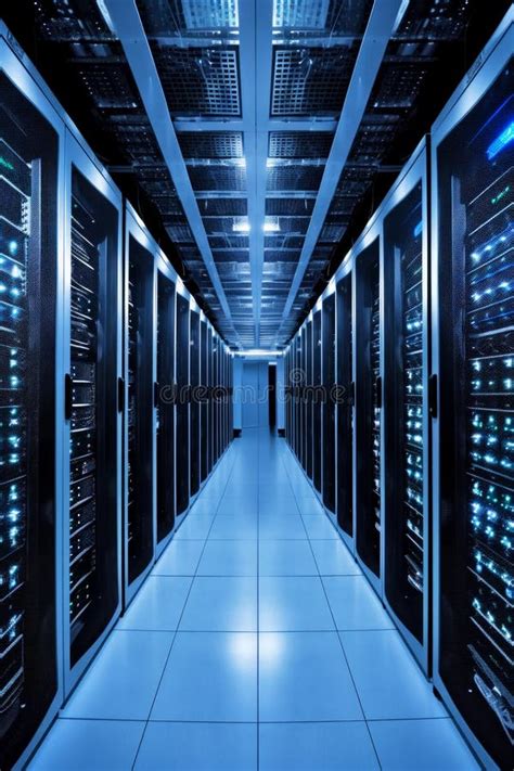 Long Hallway With Rows Of Servers In Data Center With Blue Lighting Generative Ai Stock