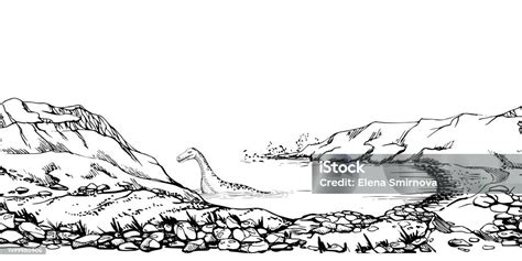 잉크 손으로 그린 벡터 스케치입니다 이음매 없는 테두리 호수 언덕 산 암벽 고대 네스호 괴물이 있는 스코틀랜드의 아름다운 풍경 관광 여행 브로셔 결혼식 가이드 인쇄를 위한