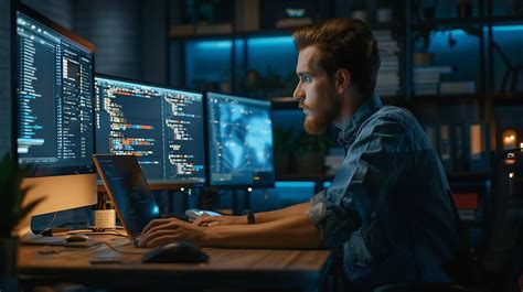Focused Programmer Coding On Multiple Monitors In A Dark Room Premium Ai Generated Image
