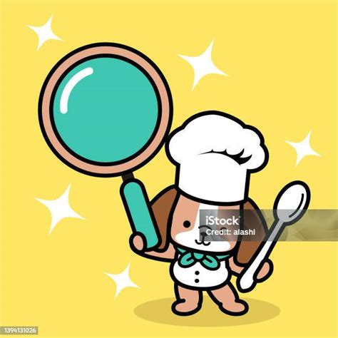 요리사의 모자를 쓰고 돋보기와 숟가락을 들고 있는 귀여운 개 요리사 강아지 뼈다귀에 대한 스톡 벡터 아트 및 기타 이미지