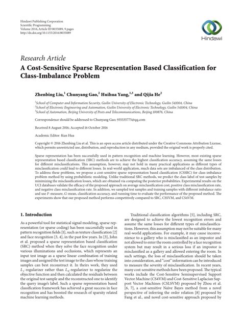 PDF A Cost Sensitive Sparse Representation Based Classification For Class Imbalance Problem