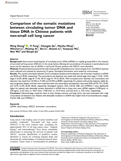 Pdf Comparison Of The Somatic Mutations Between Circulating Tumor Dna