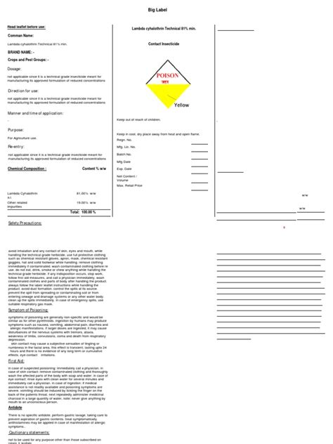 Lambda Cyhalothrin Technical 81 Label Pdf Insecticide Pesticide